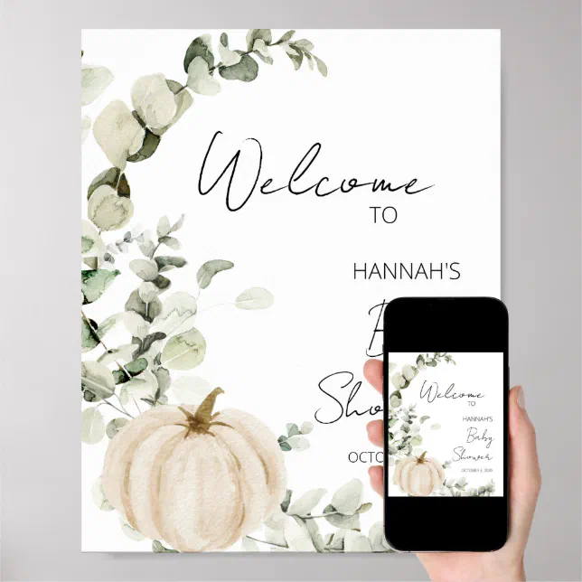 White Pumpkin Eucalyptus Fall Baby Shower Welcome Poster | Zazzle