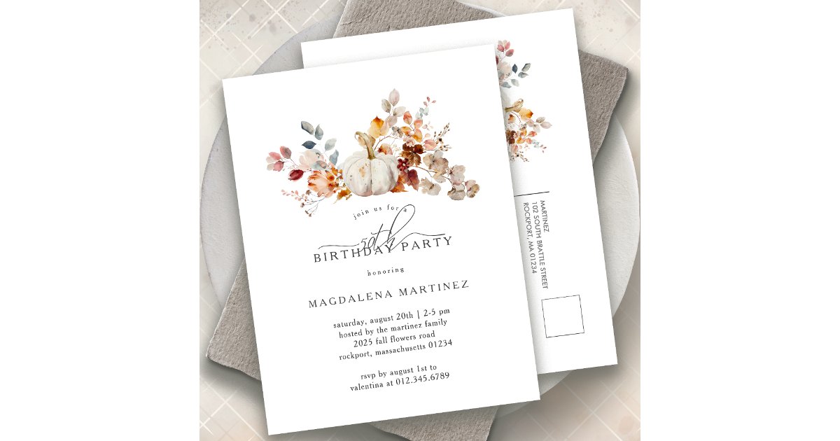 White Pumpkin Fall Flowers 50th Birthday Party Invitation Postcard | Zazzle