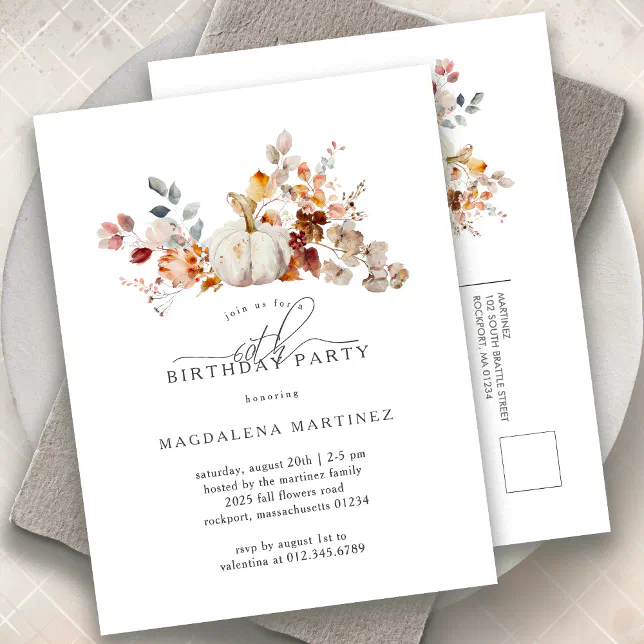White Pumpkin Fall Flowers 60th Birthday Party Invitation Postcard | Zazzle