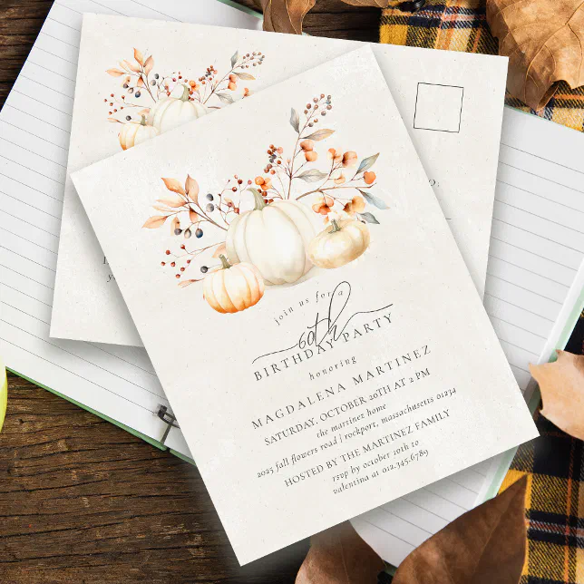 White Pumpkin Fall Leaves 60th Birthday Party Invitation Postcard | Zazzle