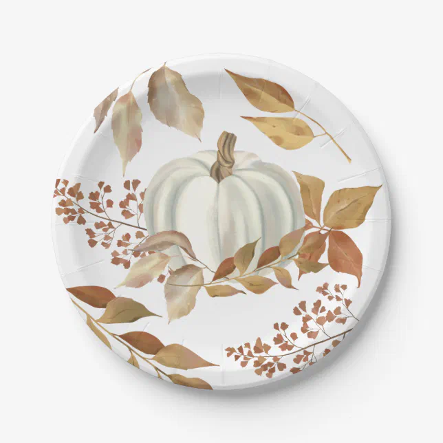 White Pumpkin Fall Leaves Thanksgiving Paper Plates | Zazzle