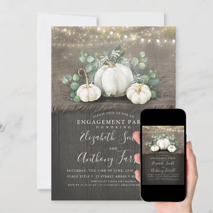 White Pumpkins Rustic Engagement Party Invitation | Zazzle