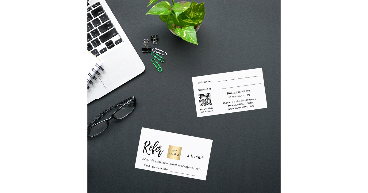 White qr code business logo referral card | Zazzle