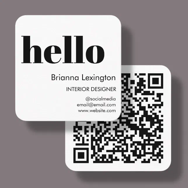 White | QR Code Social Media Hello Square Business Card | Zazzle