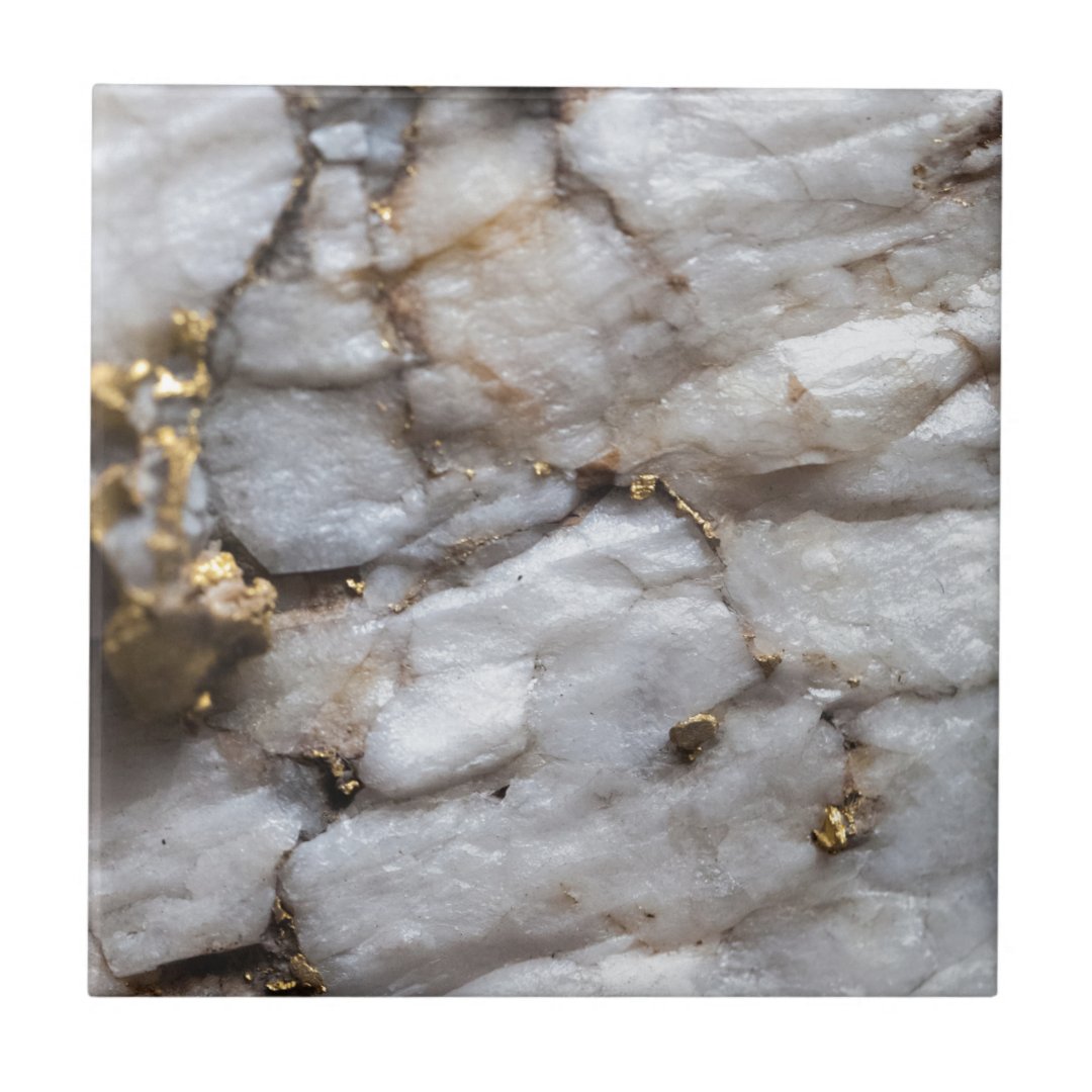 White Quartz with Gold Veining Ceramic Tile | Zazzle
