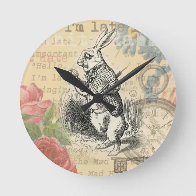 White Rabbit Alice in Wonderland Art Round Clock | Zazzle