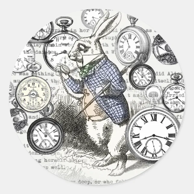 White Rabbit Alice in Wonderland Clocks Classic Round Sticker | Zazzle