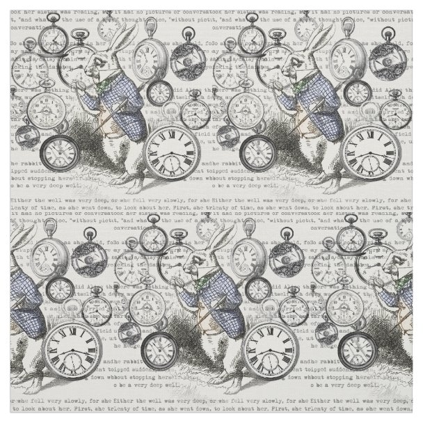 Alice in Wonderland White Rabbit and Clock Fabric | Zazzle