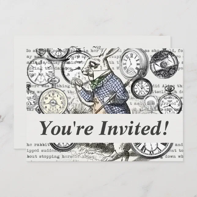White Rabbit Alice in Wonderland Clocks Invitation | Zazzle