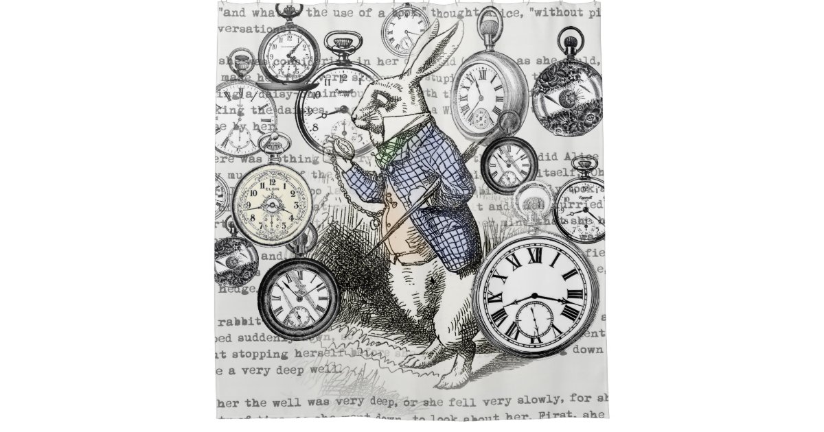 White Rabbit Alice in Wonderland Clocks Shower Curtain | Zazzle