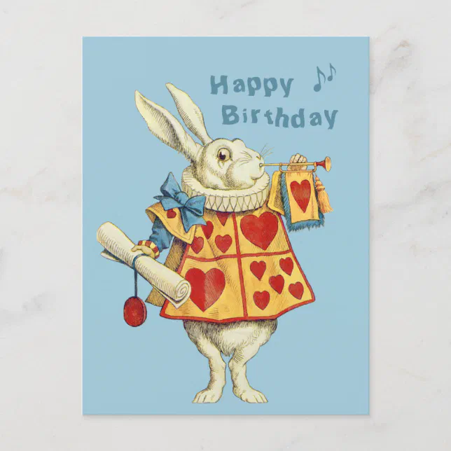 White Rabbit blows trumpet Happy Birthday CC1126 Postcard | Zazzle