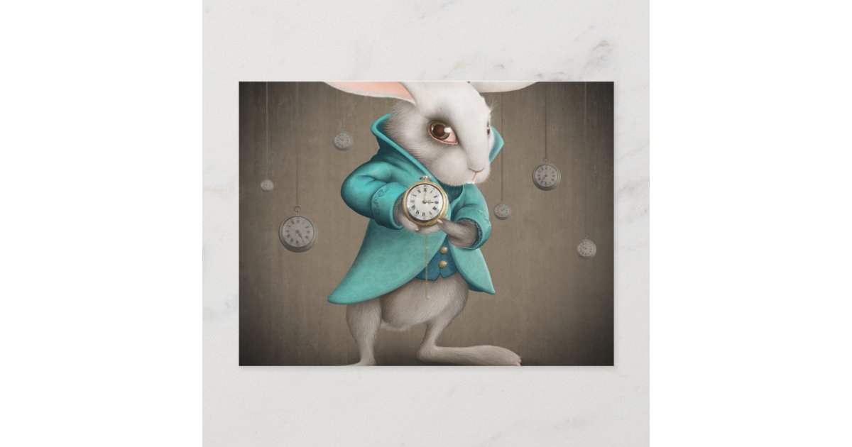 white rabbit with clock postcard | Zazzle