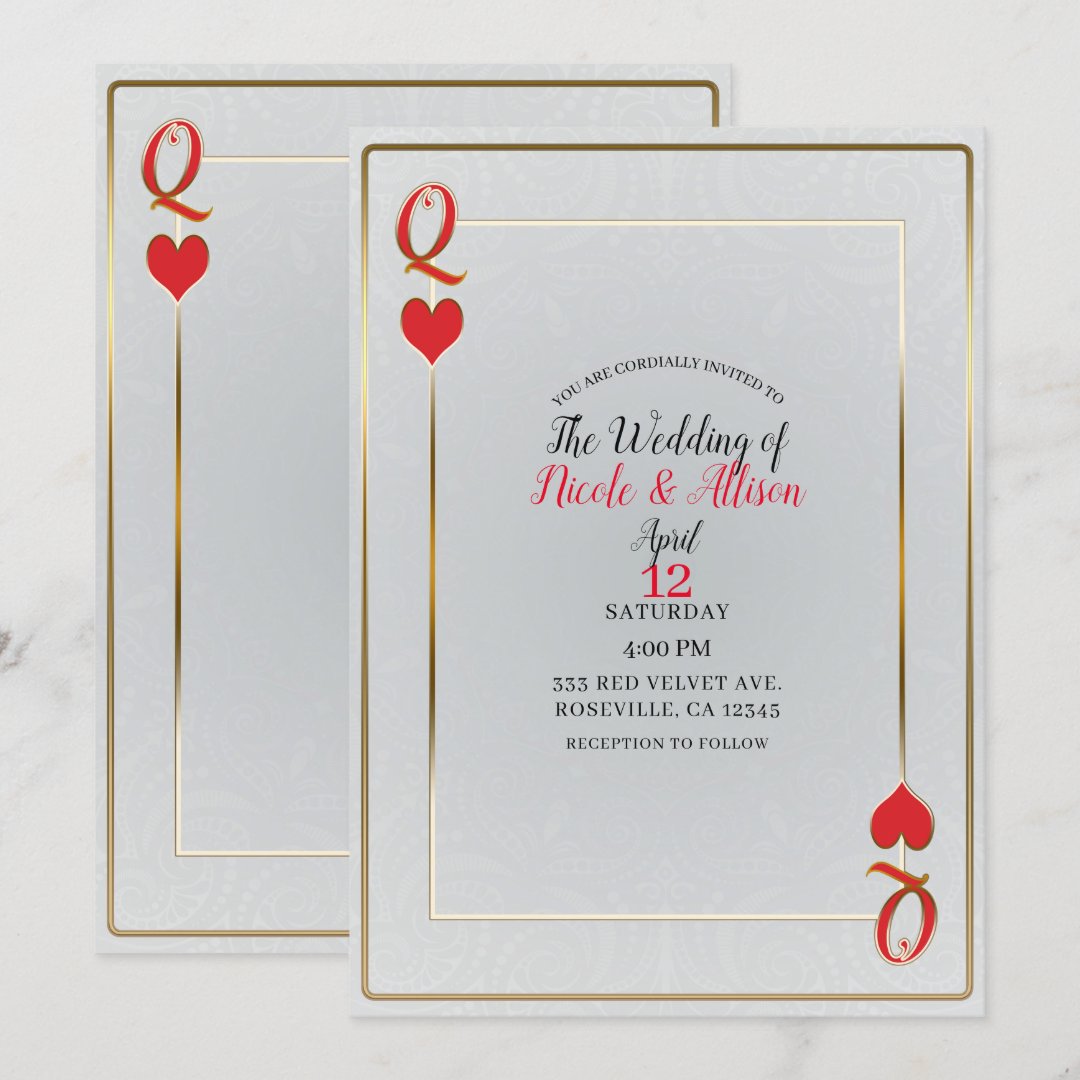 White & Red Gold Queen of Hearts Elegant Wedding Invitation | Zazzle