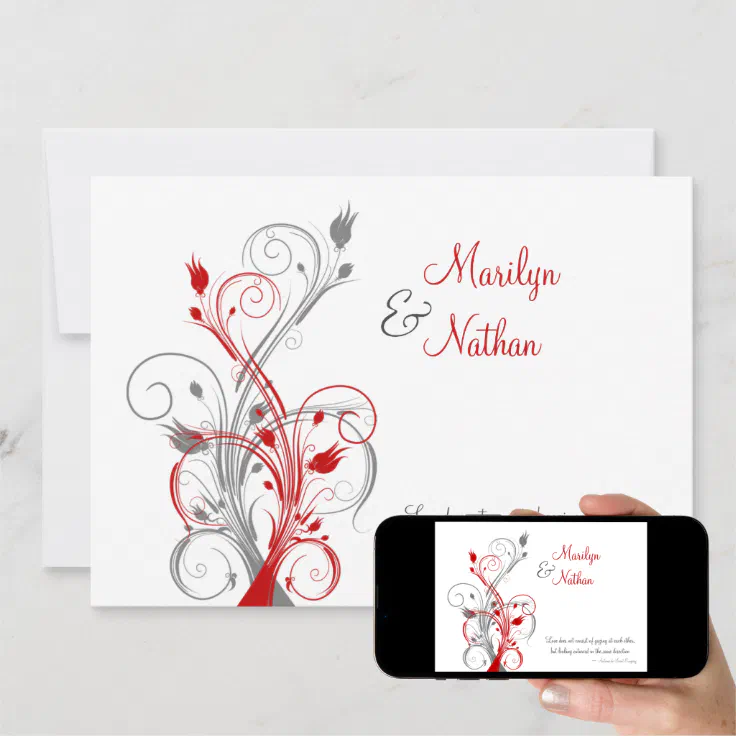White, Red, Gray Floral Wedding Invitation | Zazzle