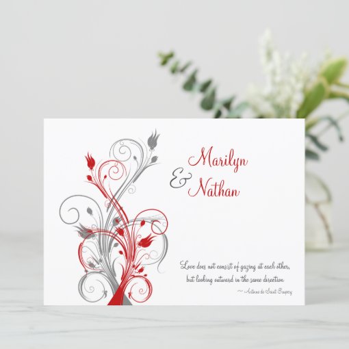 White, Red, Gray Floral Wedding Invitation | Zazzle
