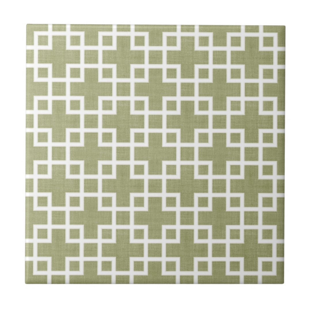 White Retro Chic Squares Pattern On Olive Green Tile | Zazzle