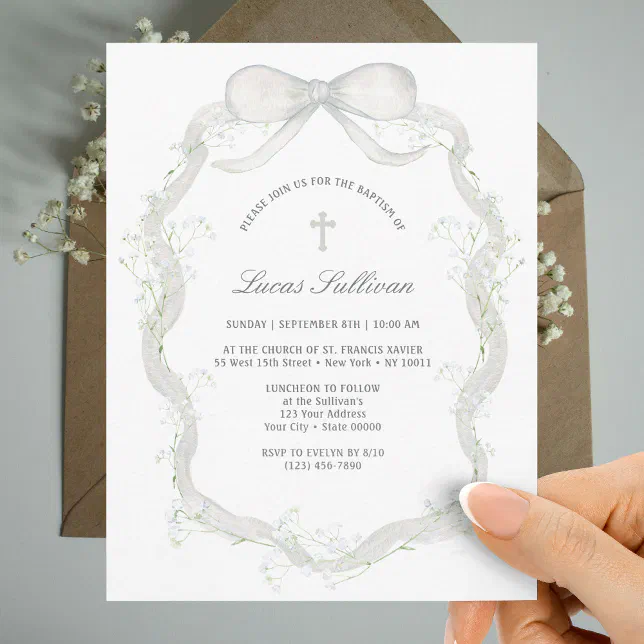 White Ribbon Baby's Breath Baptism Invitation | Zazzle