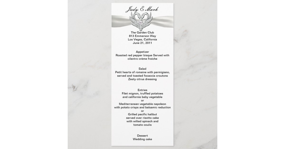 White Ribbon Silver Swans Menu Card | Zazzle