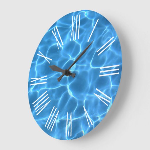White Roman Numerals Aqua Blue Swimming Pool Large Clock | Zazzle