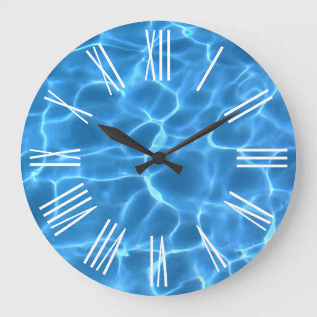White Roman Numerals Aqua Blue Swimming Pool Large Clock | Zazzle