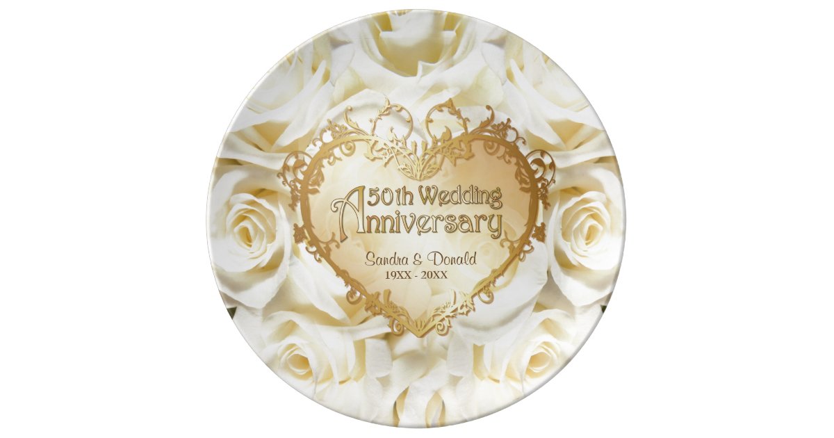 White Rose 50th Wedding Anniversary Plate | Zazzle