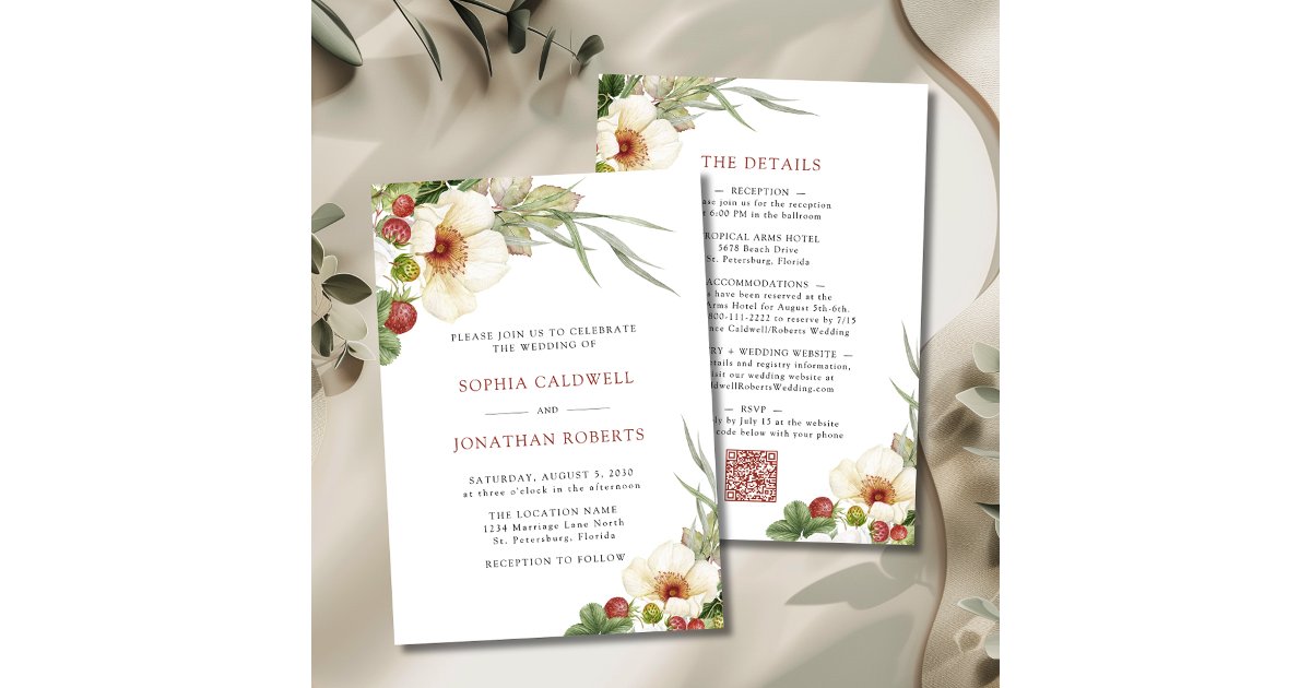 White Rose and Wild Strawberry Wedding Invitation | Zazzle