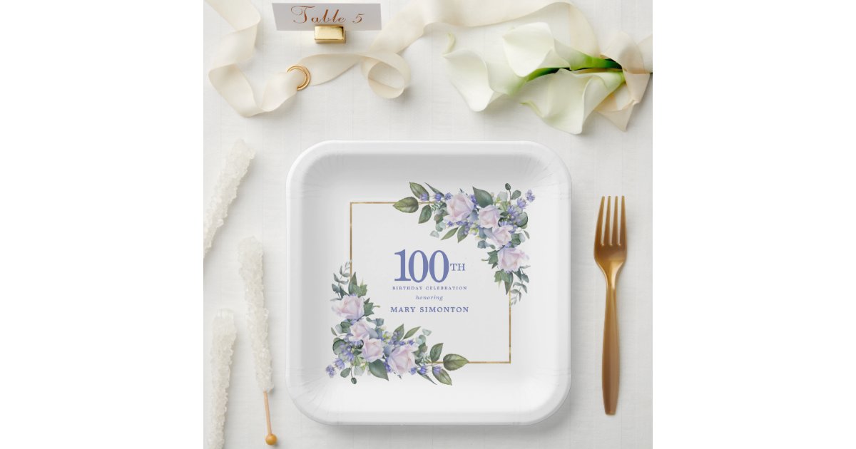 White Rose Blue Floral Custom 100th Birthday Party Paper Plates | Zazzle
