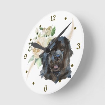 White Rose Bouquet Newfoundland Dog Round Clock | Zazzle