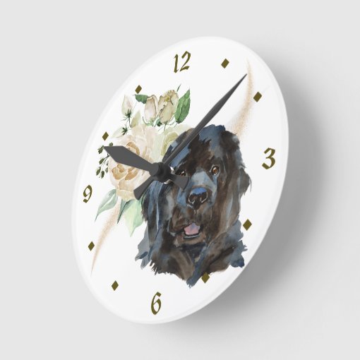 White Rose Bouquet Newfoundland Dog Round Clock | Zazzle
