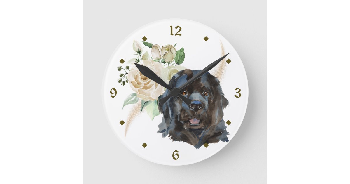 White Rose Bouquet Newfoundland Dog Round Clock | Zazzle