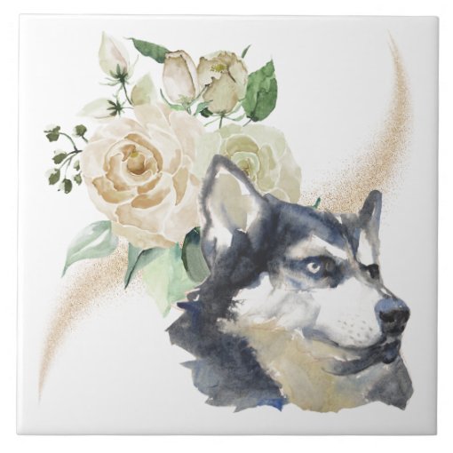 White Rose Bouquet Siberian Husky Dog Ceramic Tile | Zazzle