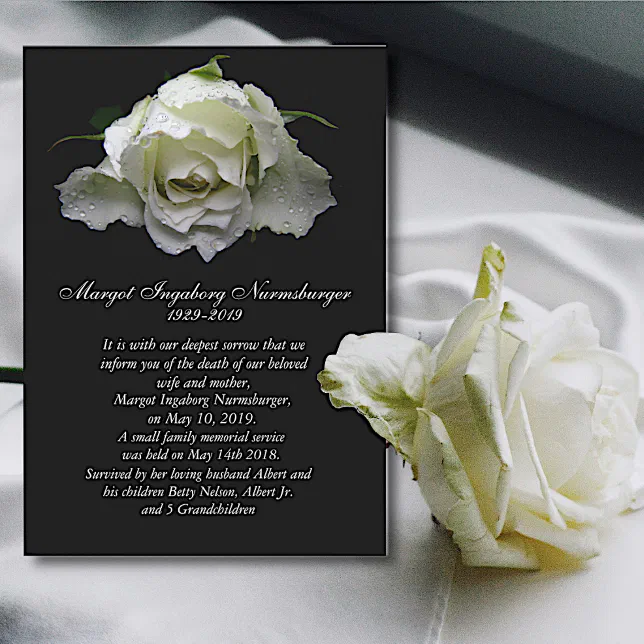 White Rose Death Announcement Card | Zazzle