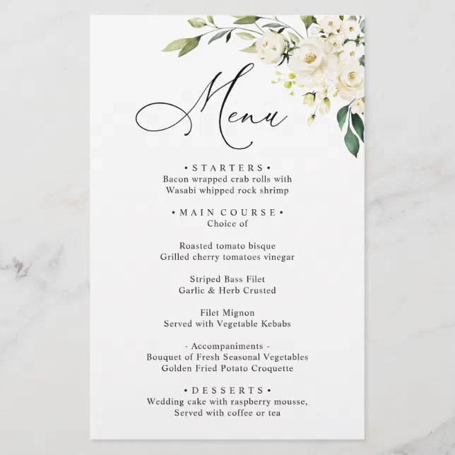 White Rose Eucalyptus Greenery Wedding Dinner Menu | Zazzle