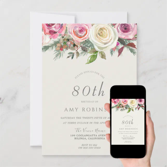 White Rose Floral 80th Birthday Party Invite | Zazzle