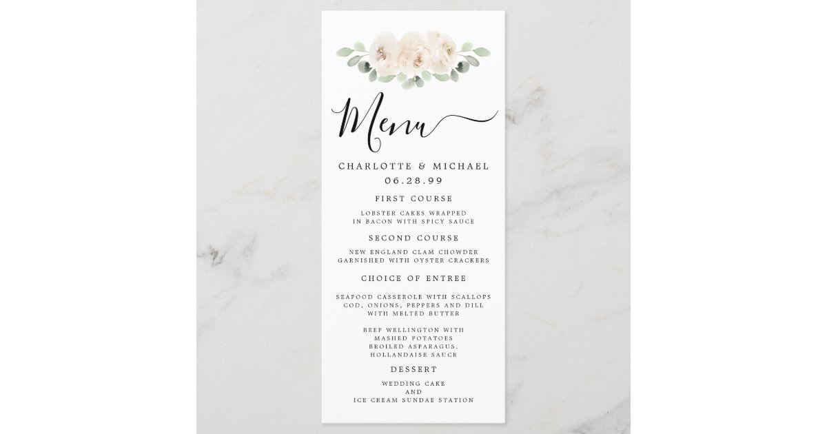 White Rose Floral Botanical Wedding Menu Card | Zazzle