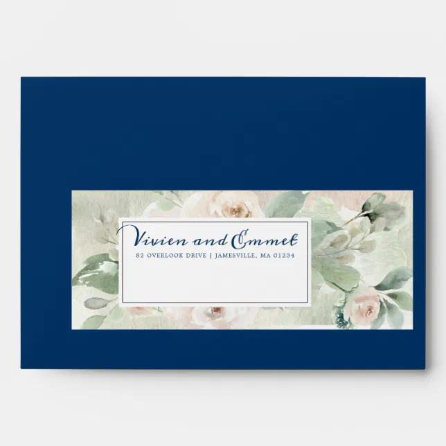 White Rose Floral on Navy Blue Wedding Invitation Envelope | Zazzle