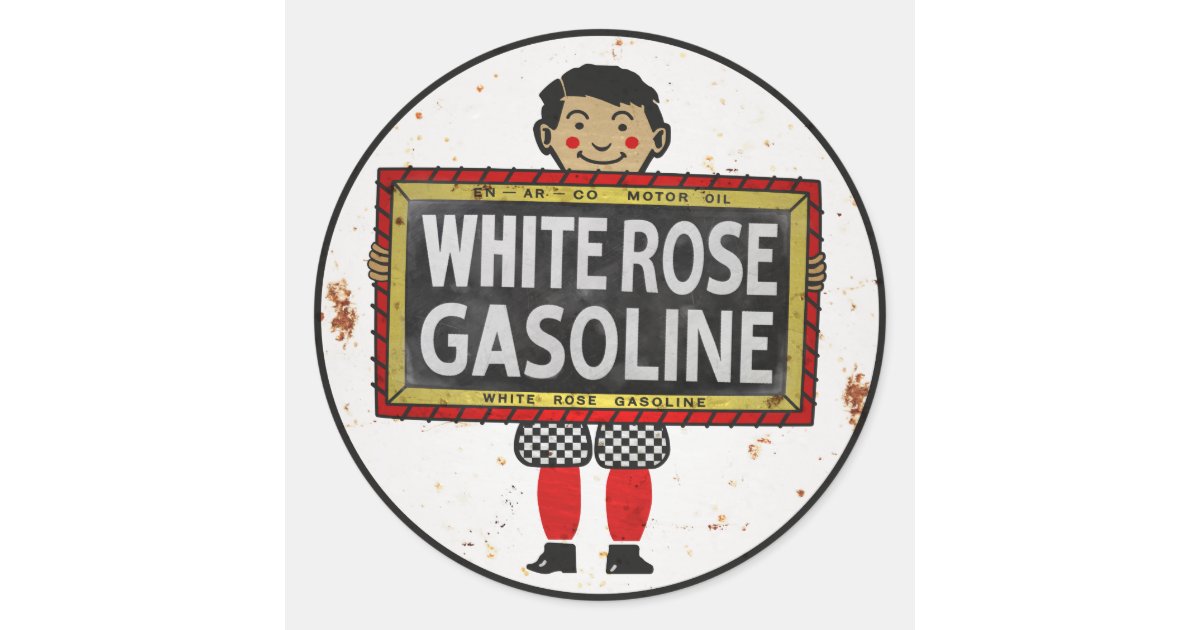 White Rose Gasoline sign rusted version Classic Round Sticker | Zazzle
