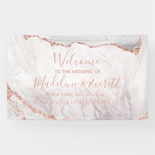 White & Rose Gold Agate Marble Wedding Welcome Banner | Zazzle.com