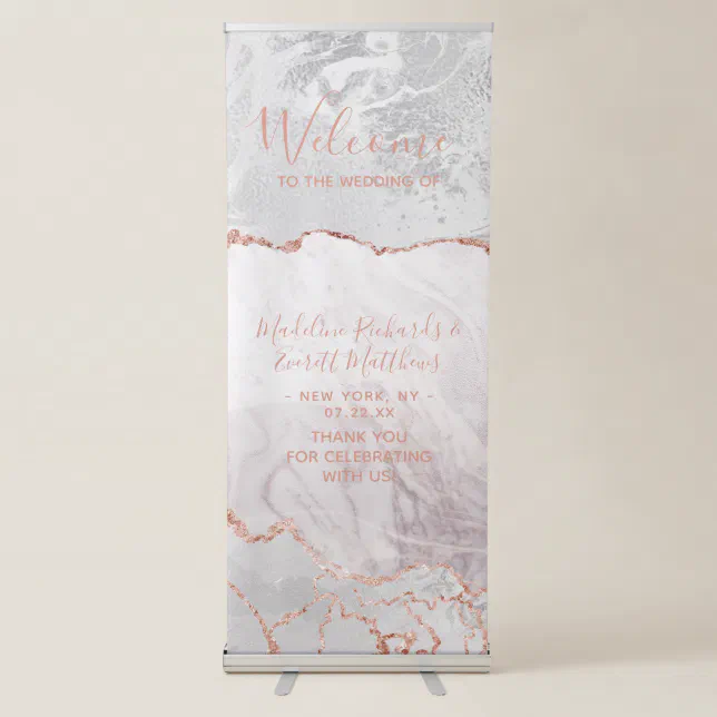 White & Rose Gold Agate Marble Wedding Welcome Retractable Banner | Zazzle