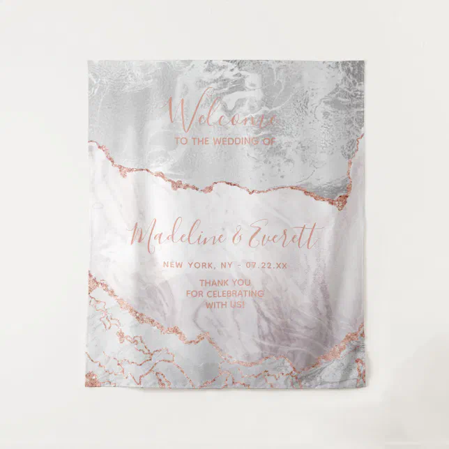 White & Rose Gold Agate Marble Wedding Welcome Tapestry | Zazzle