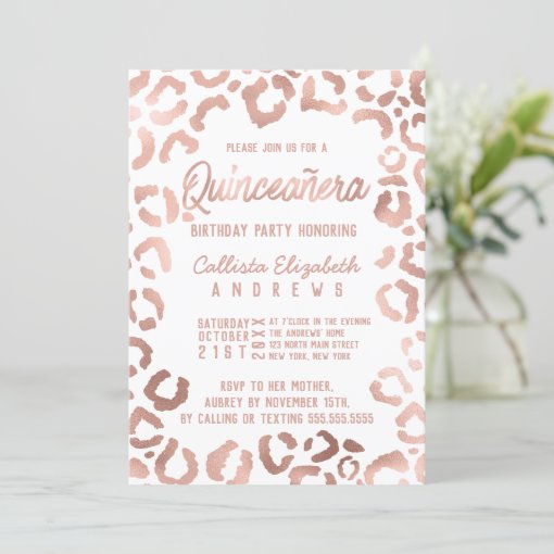 White Rose Gold Cheetah Leopard Quinceañera Photo Invitation | Zazzle