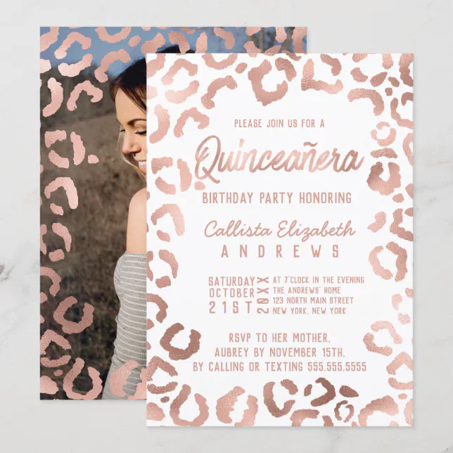 White Rose Gold Cheetah Leopard Quinceañera Photo Invitation | Zazzle