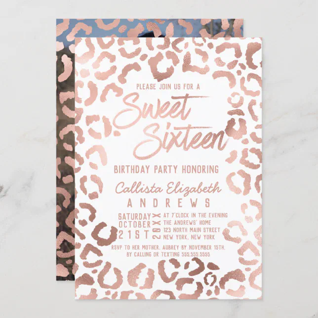 White Rose Gold Cheetah Leopard Sweet 16 Photo Invitation | Zazzle