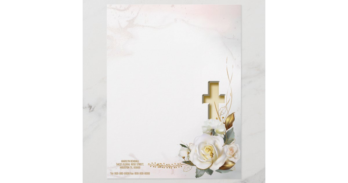 White Rose Gold Cross Floral Letterhead | Zazzle