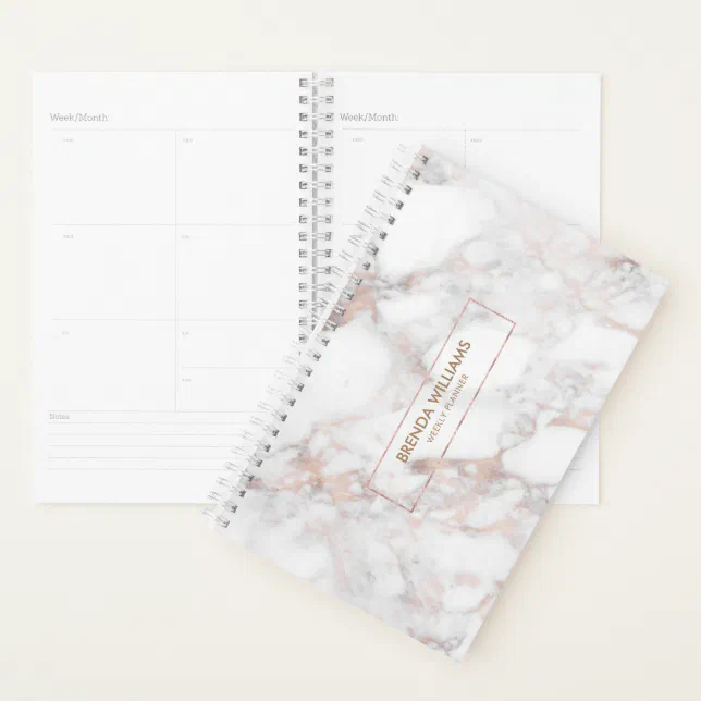 White & Rose-Gold Tones Faux Marble Planner | Zazzle