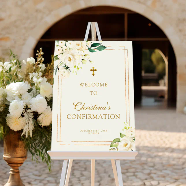White Rose & Greenery Confirmation Welcome Sign | Zazzle
