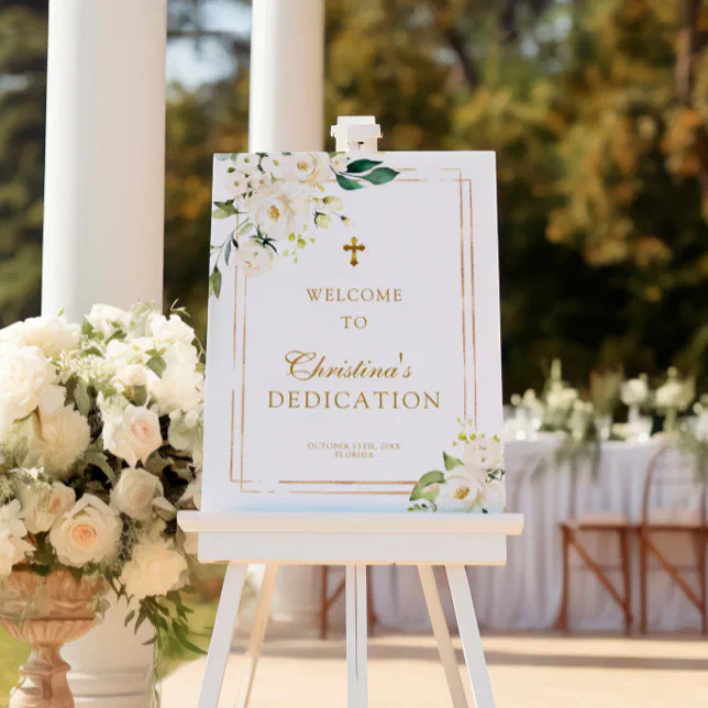 White Rose & Greenery Dedication Welcome Sign | Zazzle