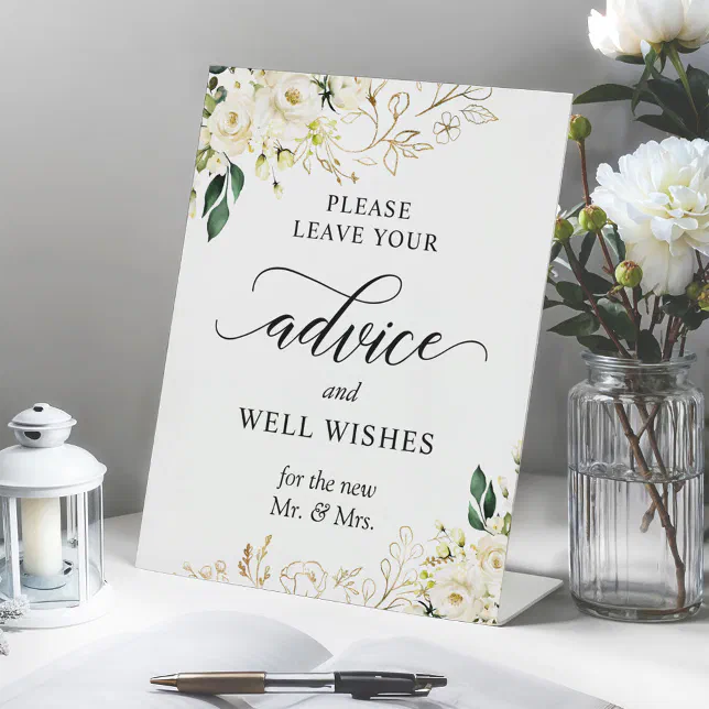 White Rose Greenery Floral Advice and Well Wishes Pedestal Sign | Zazzle
