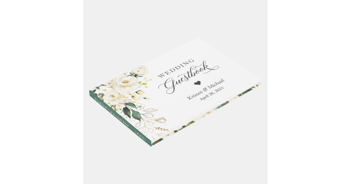 White Rose Greenery Gold Floral Wedding Guest Book | Zazzle.com