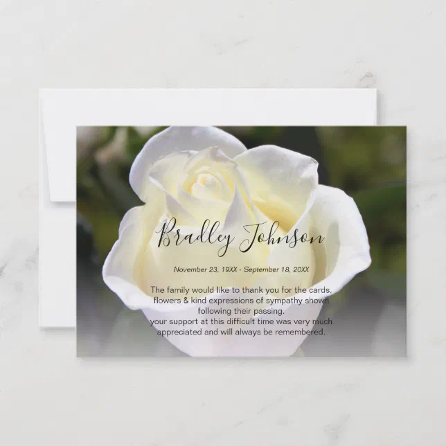 White Rose Memorial Funeral Thank You Card | Zazzle